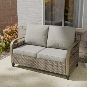 coos bay wicker outdoor furniture loveseat sofa, small balcony furniture outdoor loveseat 2 seat couch w/cushions for patio backyard deck porch, brown/gray