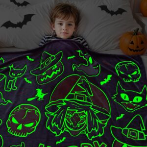 IEOEO Witchy Halloween Blanket Glow in The Dark Blanket for Kids Women Adults Pumpkins Halloween Decorations for Bedroom