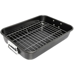 roasting pan with rack and handles - 15 inch carbon steel roaster pan for oven - large roaster pot for turkey chicken meat & vegetables, dishwasher safe, heavy duty, black