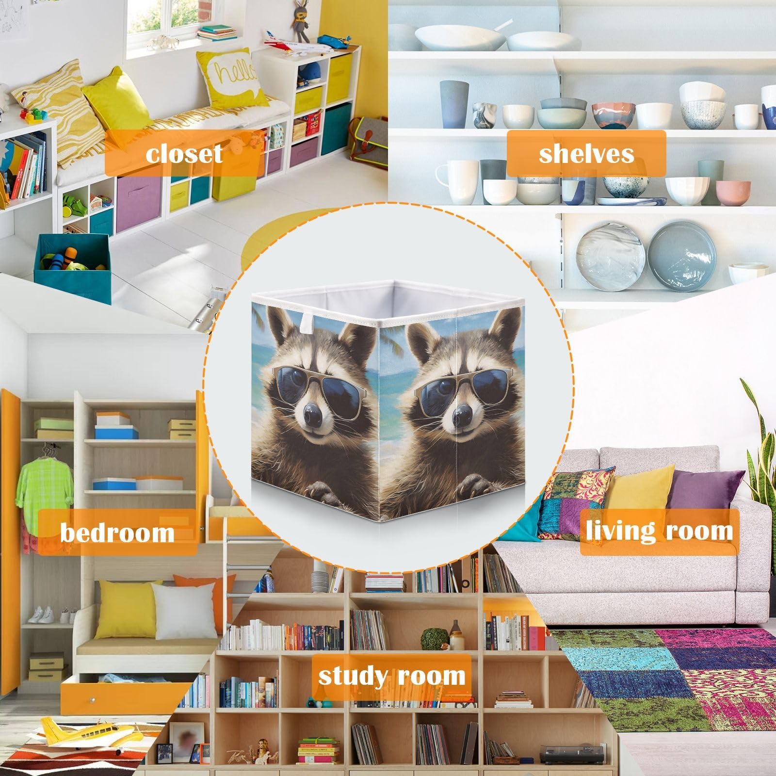 YMGQYJ Collapsible Storage Cube Beach Raccoon Print, Organizing Baskets with Reinforced Board for Shelf Closet Cabinet 11×11×11 in