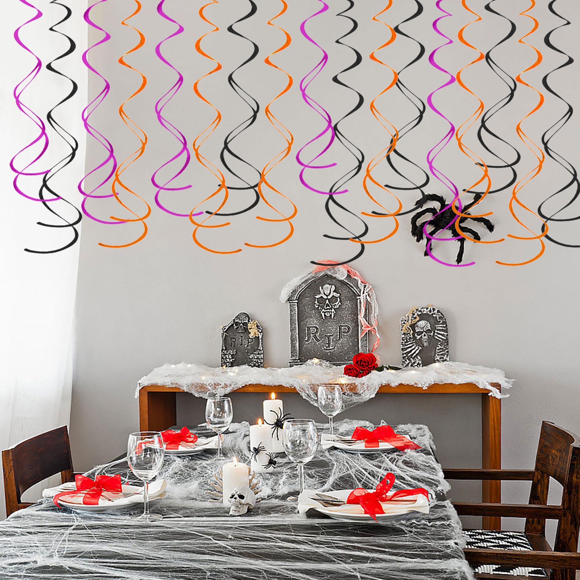 Lucleag 36Pcs Halloween Hanging Swirls Decorations, Black Orange Purple Hanging Foil Swirls for Ceiling Wall Decorations, Shiny Party Swirl Spiral Hanging Decorations for Halloween Party Supplies