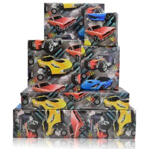 narcschichu 6 sheets racing car wrapping paper - boys birthday gift wrapping paper for kids bday baby shower racing theme party - 20 x 28 inches per sheet