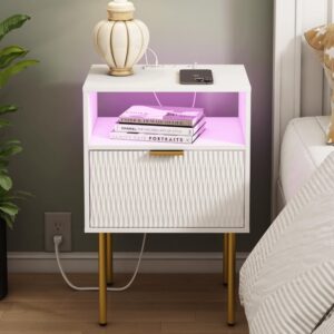 modern nightstand with charging station and led lights, white nightstand with drawer, fluted nightstand for living room, bedroom