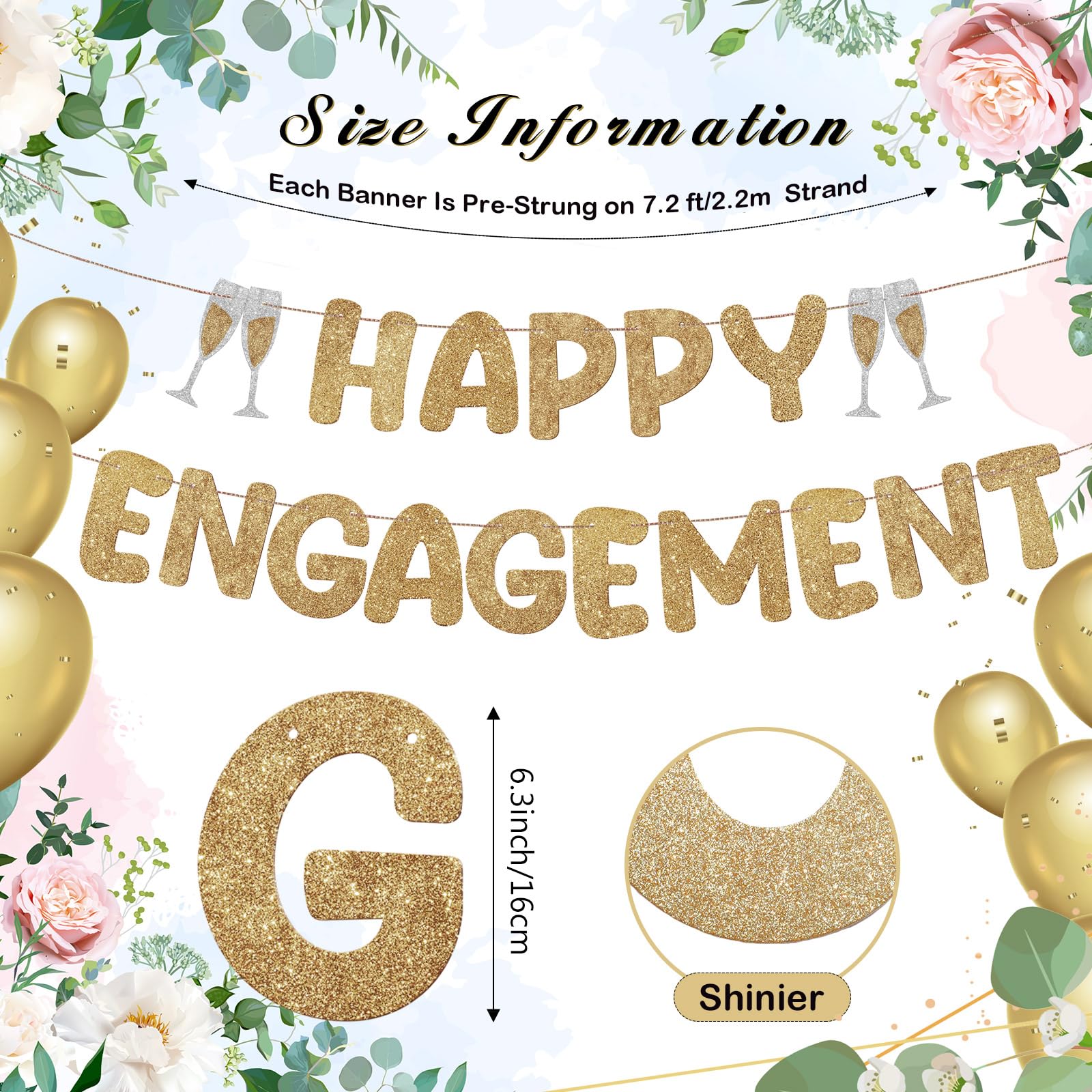 Breling Pre Strung Happy Engagement Banner Glitter Happy Engagement Party Decorations Engaged Banner Engagement Decorations Signs Party Decor Wedding Engagement Banners(Champagne Gold)