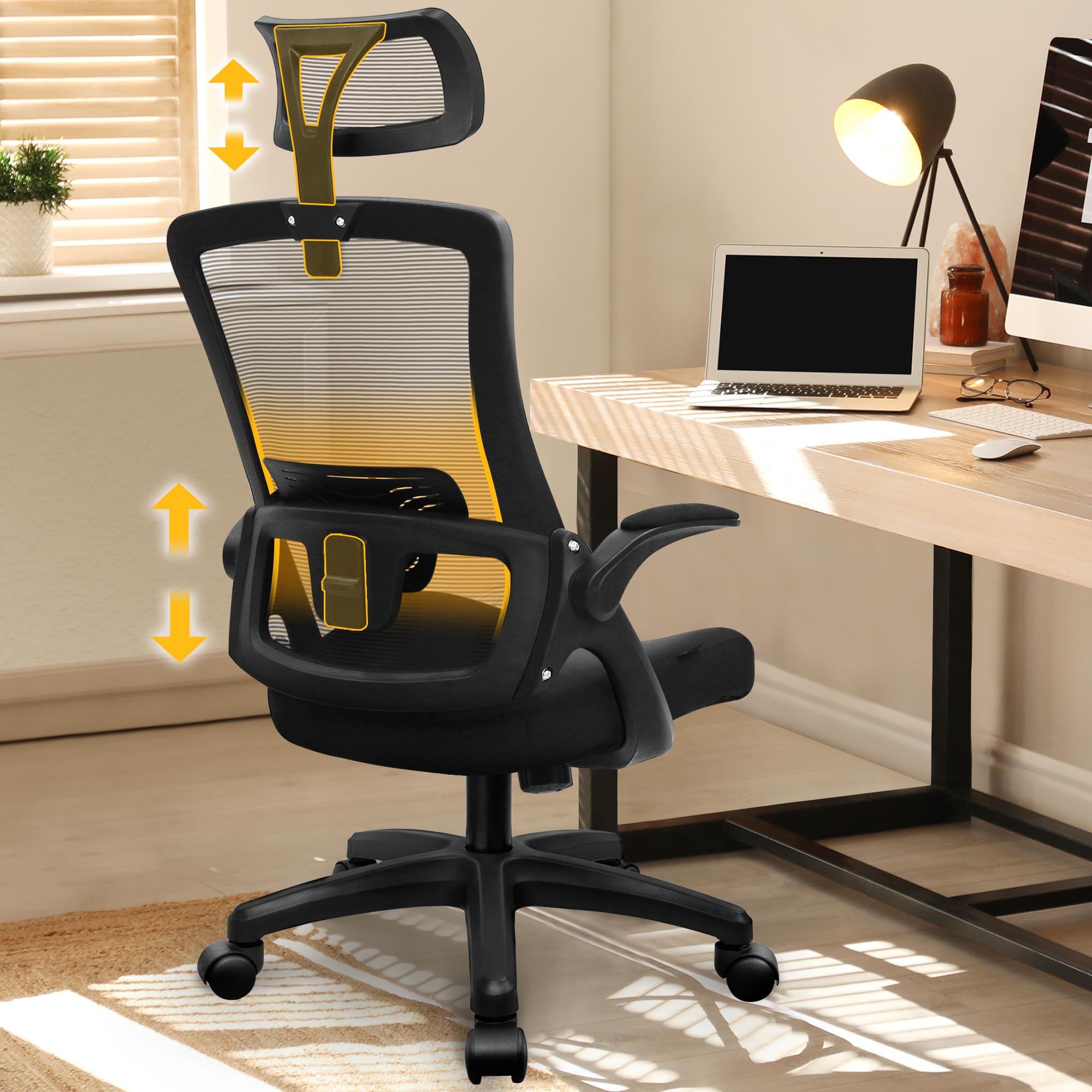 NEO CHAIR Ergonomic Office Desk Chair High Back Computer Gaming Mesh Chair with Comfy Task Adjustable Arms Lumbar Support Headrest Swivel for Home Office (Black)