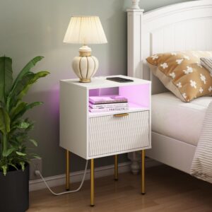 Modern Nightstand with Charging Station and LED Lights, White Nightstand with Drawer, Fluted Nightstand for Living Room, Bedroom