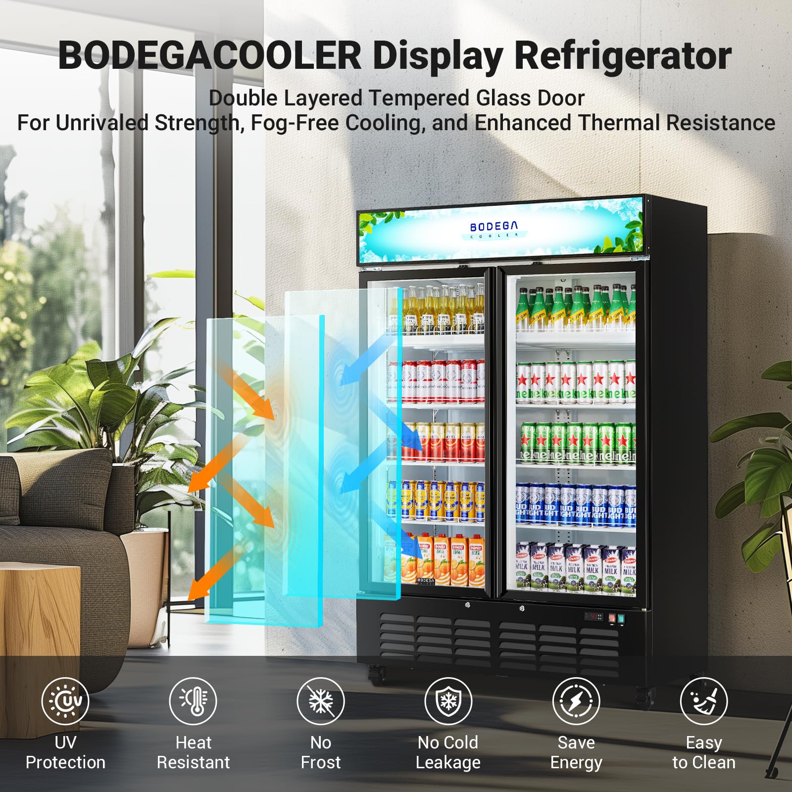 BODEGACOOLER Commercial Merchandiser Refrigerator, 36.3 Cu.Ft Upright Display Beverage Cooler, 2 Glass Door Display Refrigerator with Soft LED Light, Adjustable Shelves, 4 Strong Castors(Black)