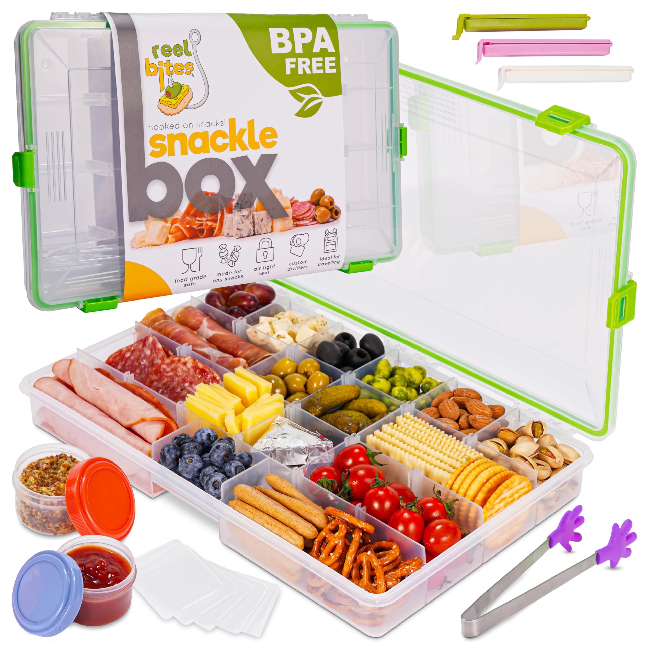 Reel Bites Snackle Box Container for Travel Snack Container - Snackel Box Snack Box Container Snack Tray with Lid Snack Tackle Box for Snacks - Snacklebox Snackle Box Charcuterie Container (Large)