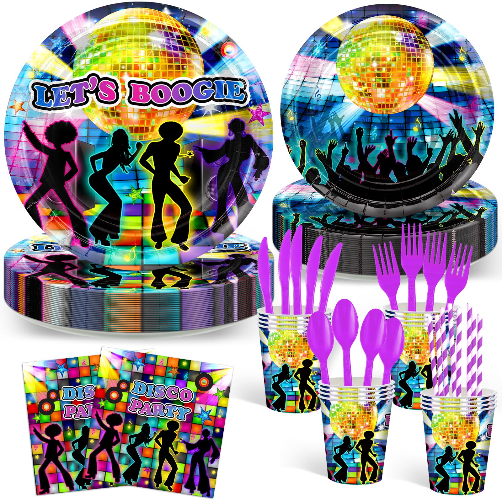 Avezano 192 Pcs Disco Party Plates and Napkins Supplies 70's Party Decorations Let's Boogie Theme Party Tableware Kit for Birthday Baby Shower Favors, Serves 24