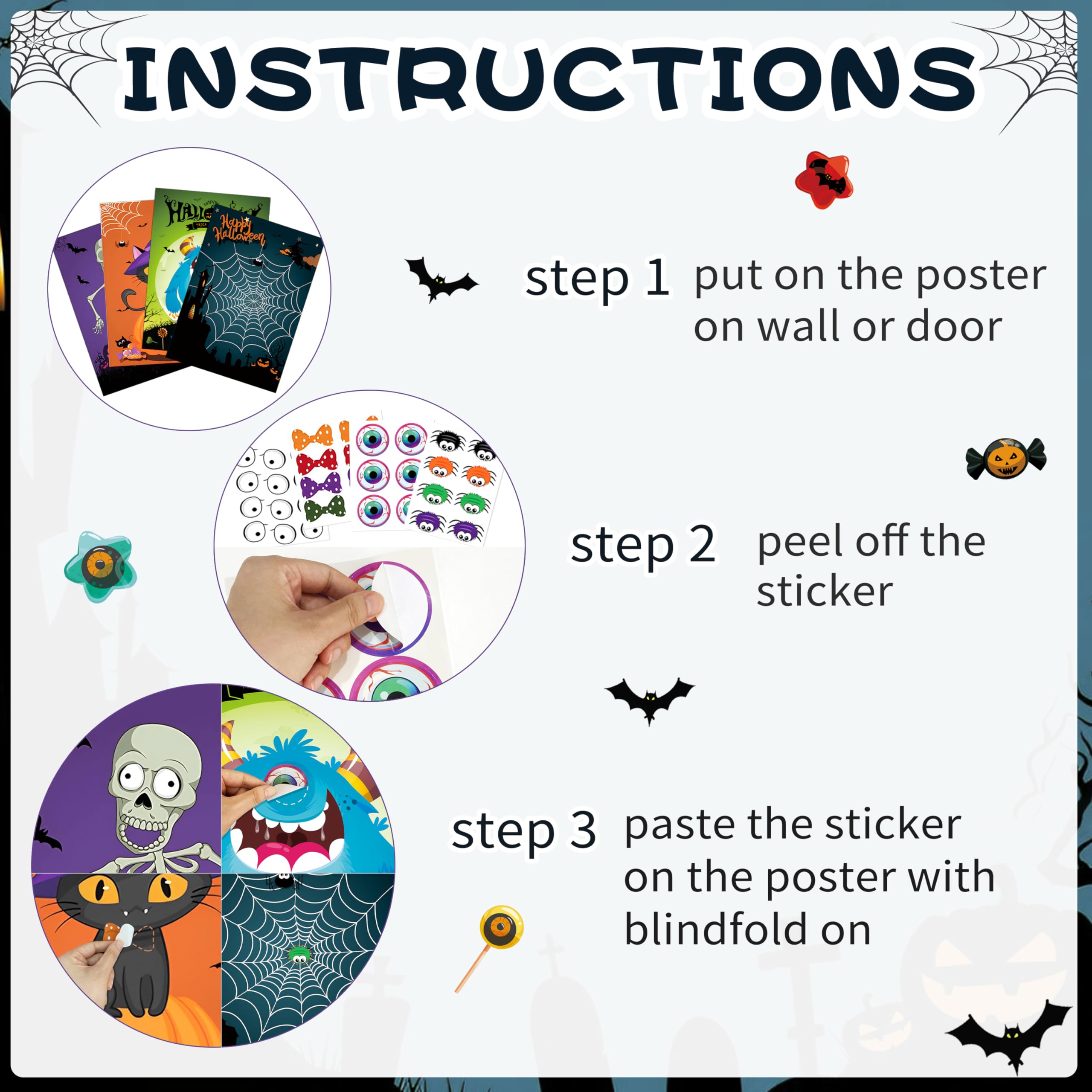 BORAMDO Halloween Party Games Halloween Pin The Game Poster with 96 Stickers and 4 Blindfolds, Halloween Pin The Tail Game for Halloween Party Supplies Favors Classroom Games