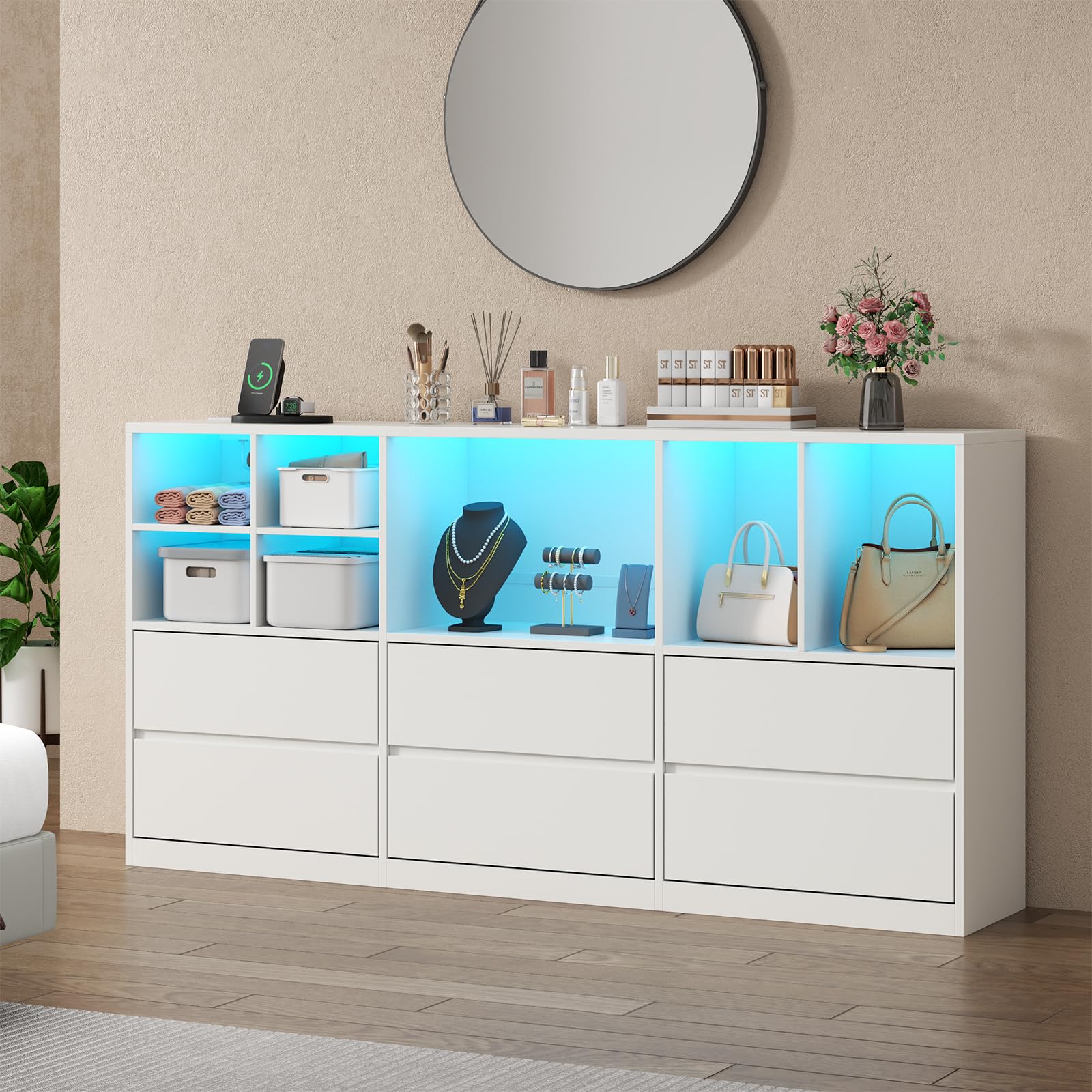 Gyfimoie White Dresser for Bedroom with 6 Drawers, Chest of Drawers with Led Lights&Charging Station, 63" Long Dresser with 7 Open Cubbies, Storage Drawers for Living Room, Closet, Hallway (White)