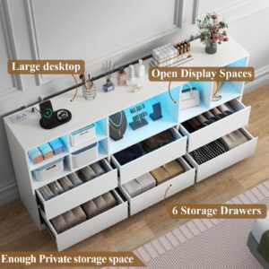 Gyfimoie White Dresser for Bedroom with 6 Drawers, Chest of Drawers with Led Lights&Charging Station, 63" Long Dresser with 7 Open Cubbies, Storage Drawers for Living Room, Closet, Hallway (White)