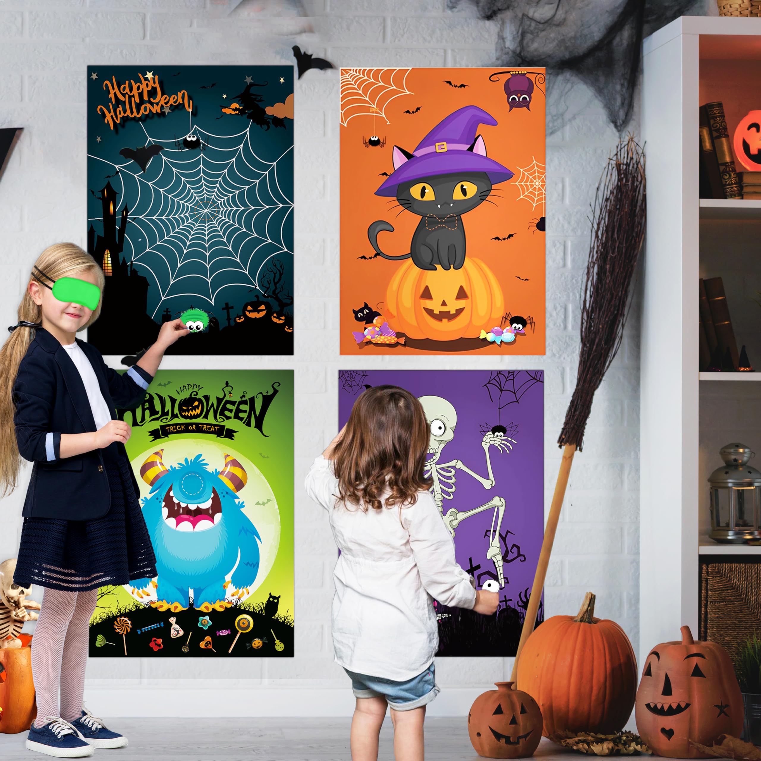 BORAMDO Halloween Party Games Halloween Pin The Game Poster with 96 Stickers and 4 Blindfolds, Halloween Pin The Tail Game for Halloween Party Supplies Favors Classroom Games