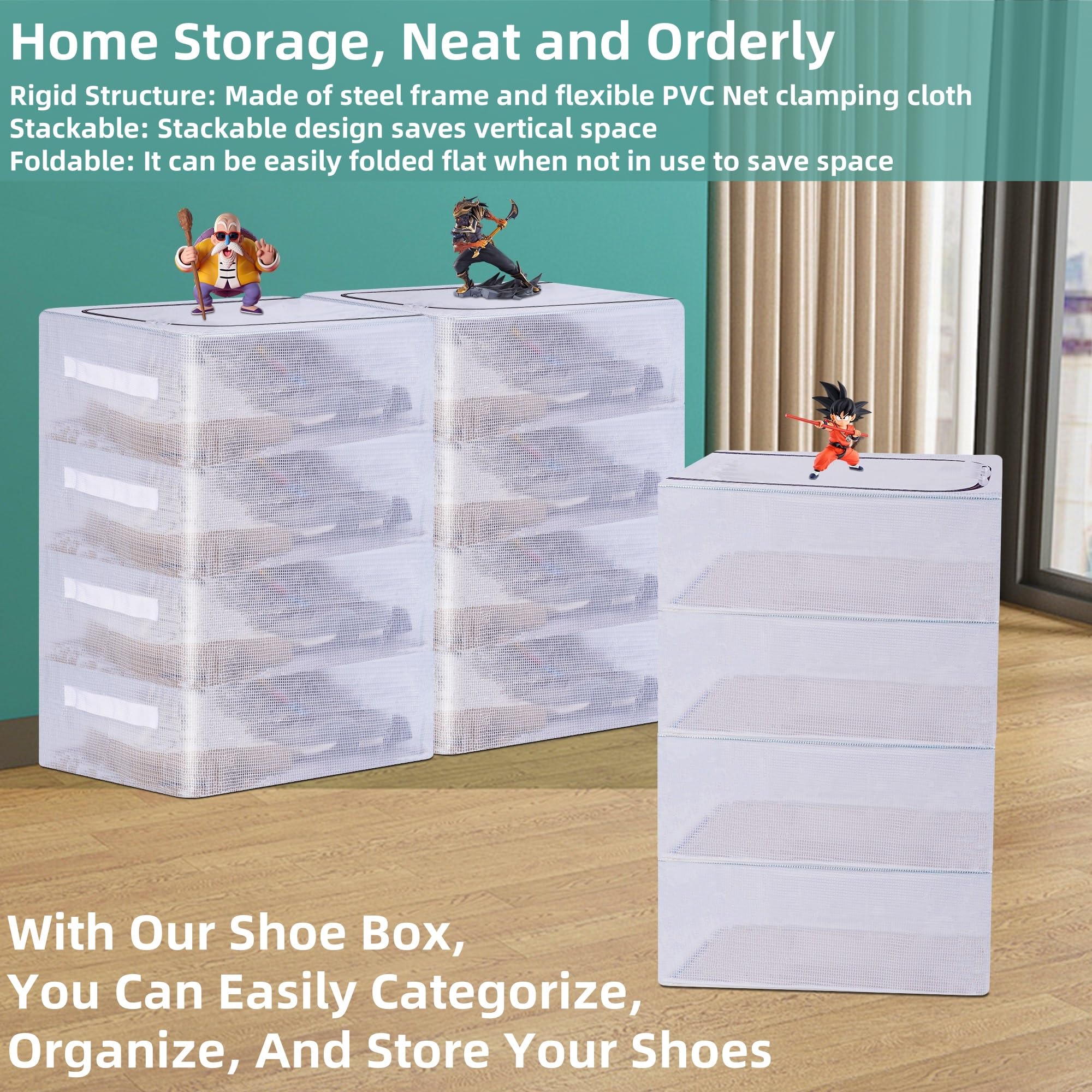 COAINNER Shoe Organizer for Closet, 16-Inch Shoe Storage Containers Boxes with Metal Frame, Clear Cover, Foldable, Stackable (1 Pack)