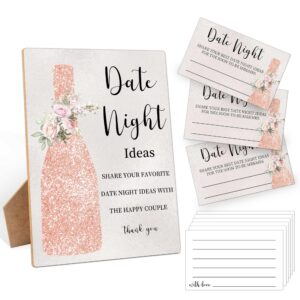 date night ideas for couples, bridal shower games date night sign, 1 wooden sign with 50 cards, floral wishes advice game for wedding, bachelorette party night, engagement decoration