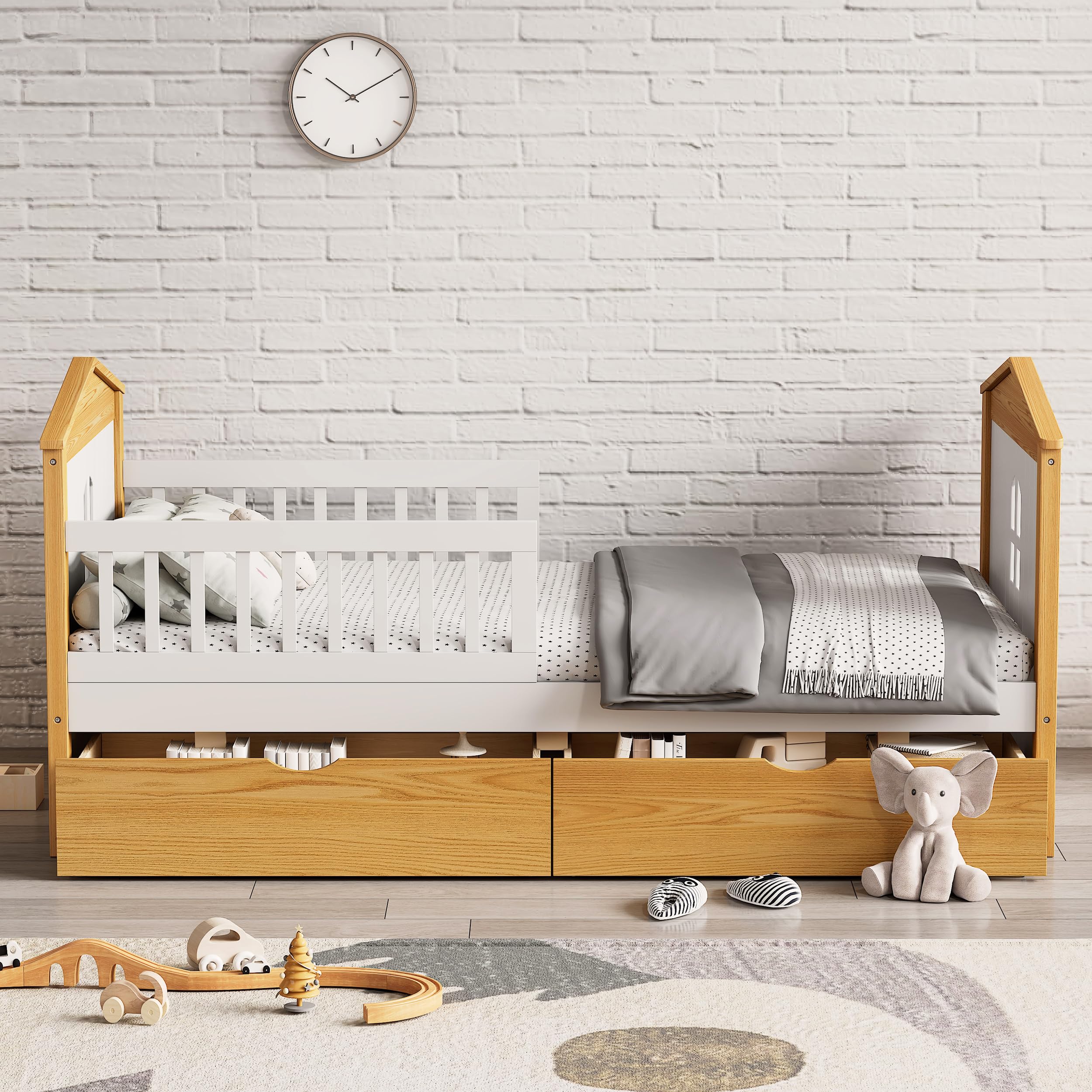 Harper & Bright Designs Twin Size House Shape Bed with Two Drawers Wooden Bed Frame for Boys Girls Kids Adults Toddler Teens, No Box Spring Needed, Walnut and White