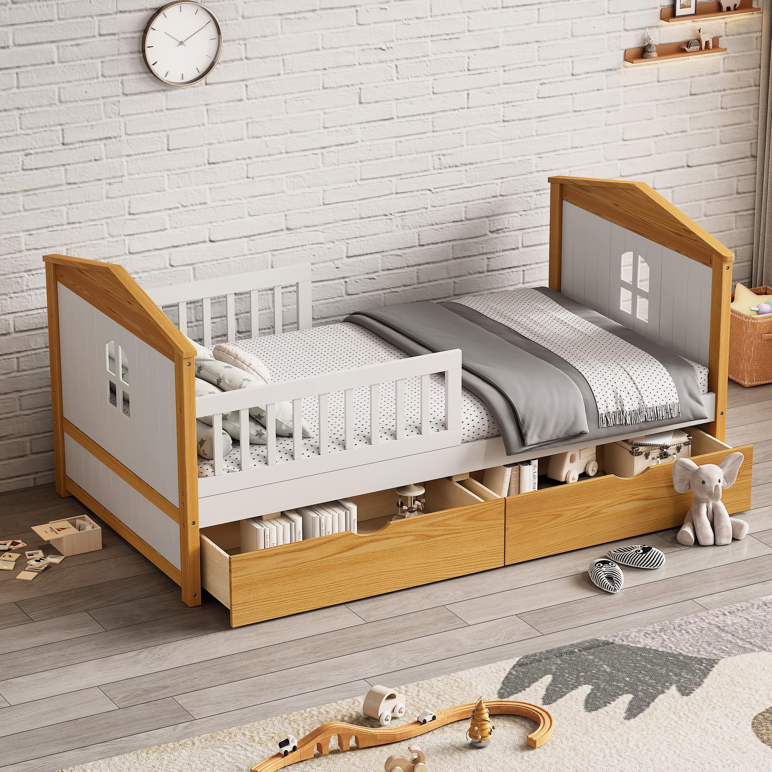 Harper & Bright Designs Twin Size House Shape Bed with Two Drawers Wooden Bed Frame for Boys Girls Kids Adults Toddler Teens, No Box Spring Needed, Walnut and White