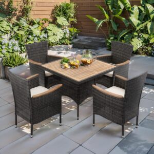 royalcraft 5 piece patio wicker dining sets for 4, water-resistant rattan outdoor dining table and 4 chairs with wood table top, conversation set for deck, garden, backyard, removable cushions, gray