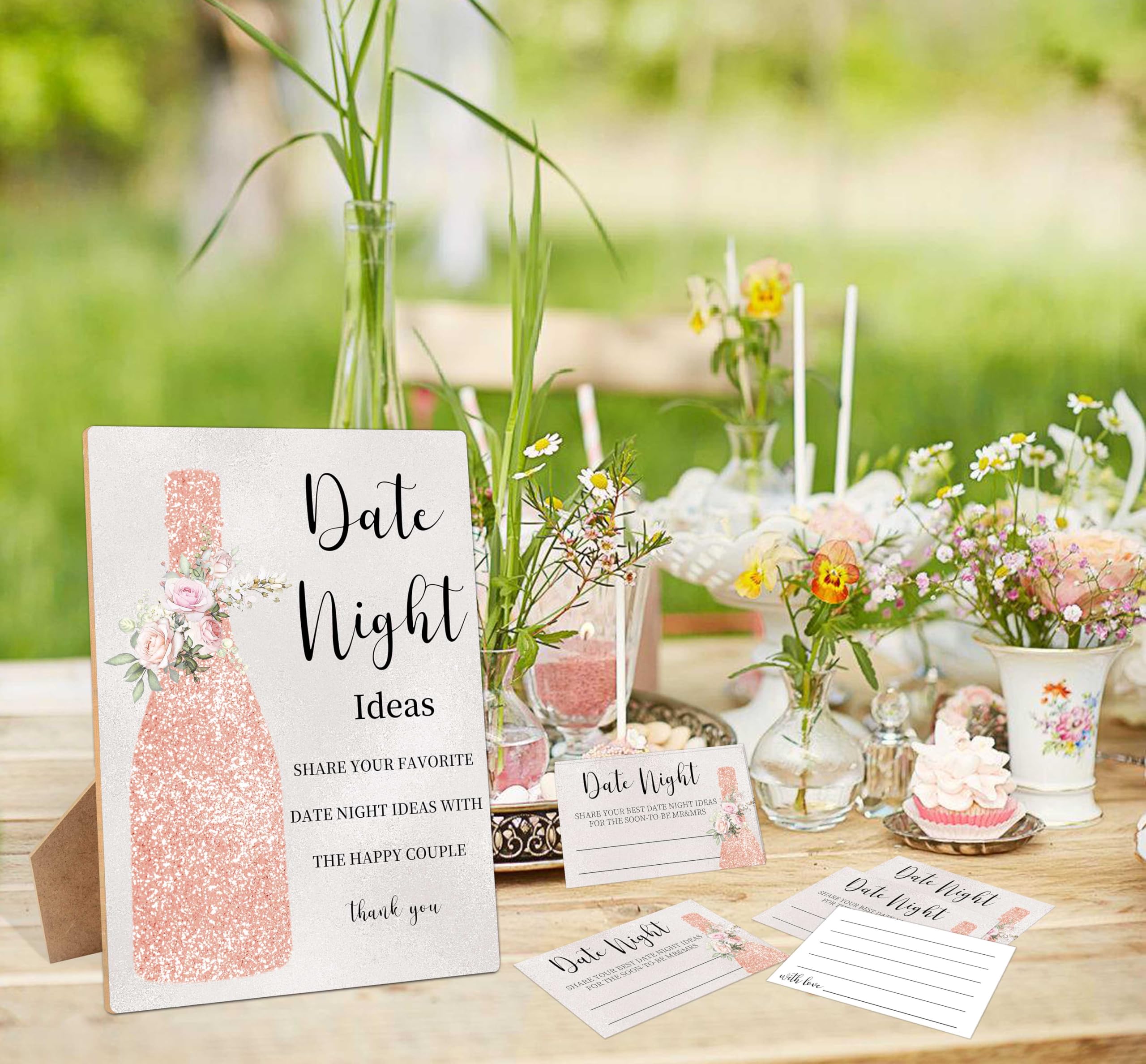 Date Night Ideas for Couples, Bridal Shower Games Date Night Sign, 1 Wooden Sign with 50 Cards, Floral Wishes Advice Game for Wedding, Bachelorette Party Night, Engagement Decoration