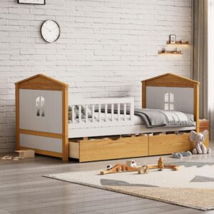 harper & bright designs twin size house shape bed with two drawers wooden bed frame for boys girls kids adults toddler teens, no box spring needed, walnut and white