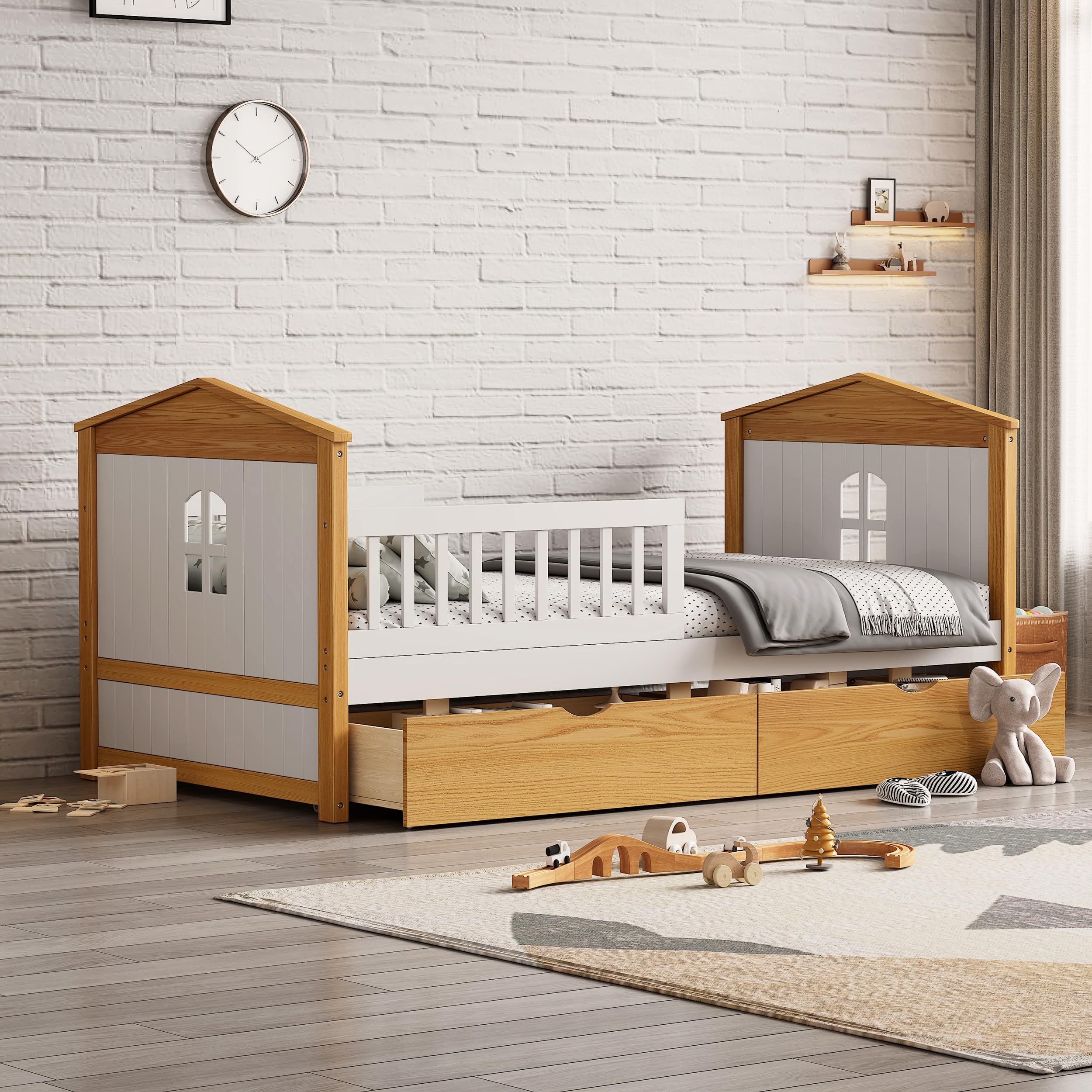 Harper & Bright Designs Twin Size House Shape Bed with Two Drawers Wooden Bed Frame for Boys Girls Kids Adults Toddler Teens, No Box Spring Needed, Walnut and White