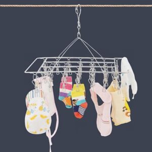 XCZYN Stainless Steel Sock Drying Rack with 36 Clips, Swivel Hook Wind-Proof Clothes Hanger Rack for Socks, Bras, Underwear, Lingerie Accessories, Silver