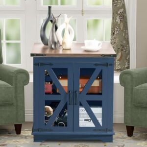 Beroxii Farmhouse End Table, 24" Large End Tables with Storage, Rustic Square Sofa Beside Table with Glass Barn Door, Wood Side Table Square Nightstand for Living Room, Bedroom, Office (Navy Blue)