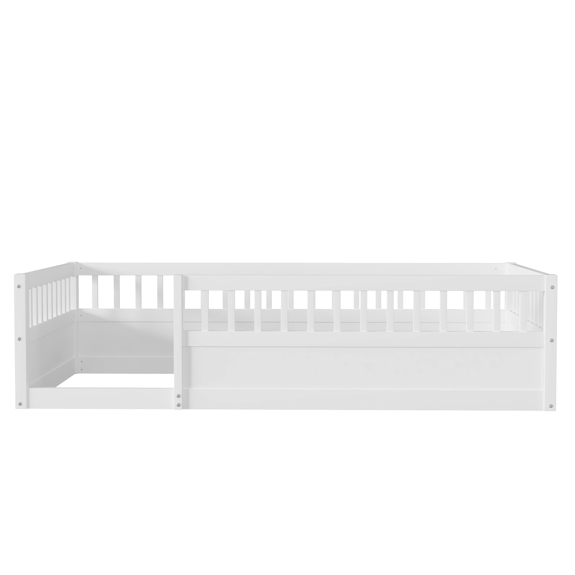 FUQIAOTEC Twin Size Kids Floor Bed Frame, Montessori Wood Floor Bed with Safety Guardrails and Slats for Bedroom Playroom, White Fence, 78" W x 41" D x 20" H