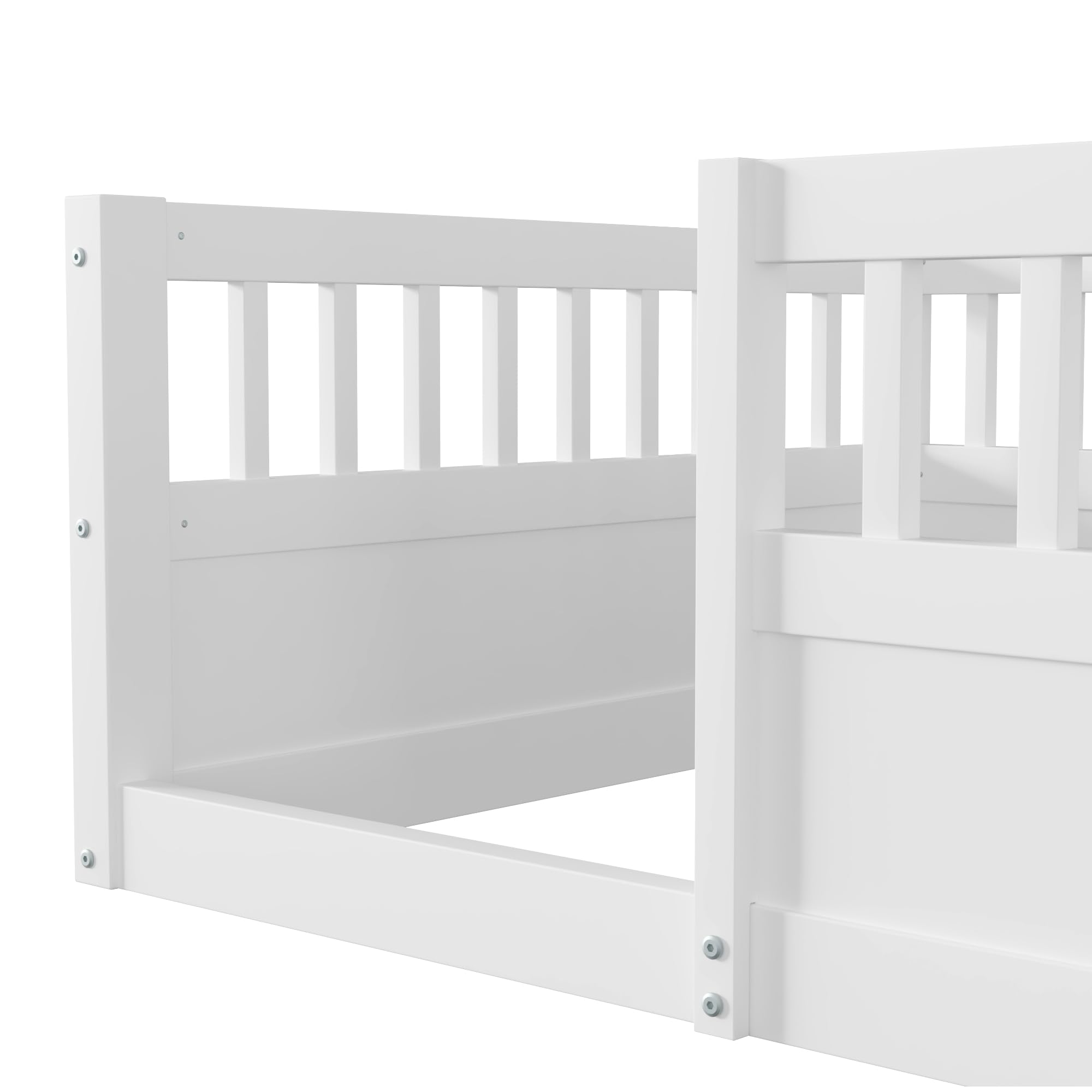 FUQIAOTEC Twin Size Kids Floor Bed Frame, Montessori Wood Floor Bed with Safety Guardrails and Slats for Bedroom Playroom, White Fence, 78" W x 41" D x 20" H