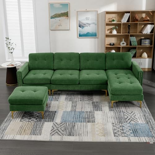 U-Shaped Reversible Modular Sectional Sofa Couch with Movable Ottoman and Chaise Sets, 5 Seater Velvet Upholstered Convertible Sofa Leisure Lounge w/ Nailhead Trim for Living Room Apartment Office