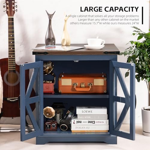 Beroxii Farmhouse End Table, 24" Large End Tables with Storage, Rustic Square Sofa Beside Table with Glass Barn Door, Wood Side Table Square Nightstand for Living Room, Bedroom, Office (Navy Blue)