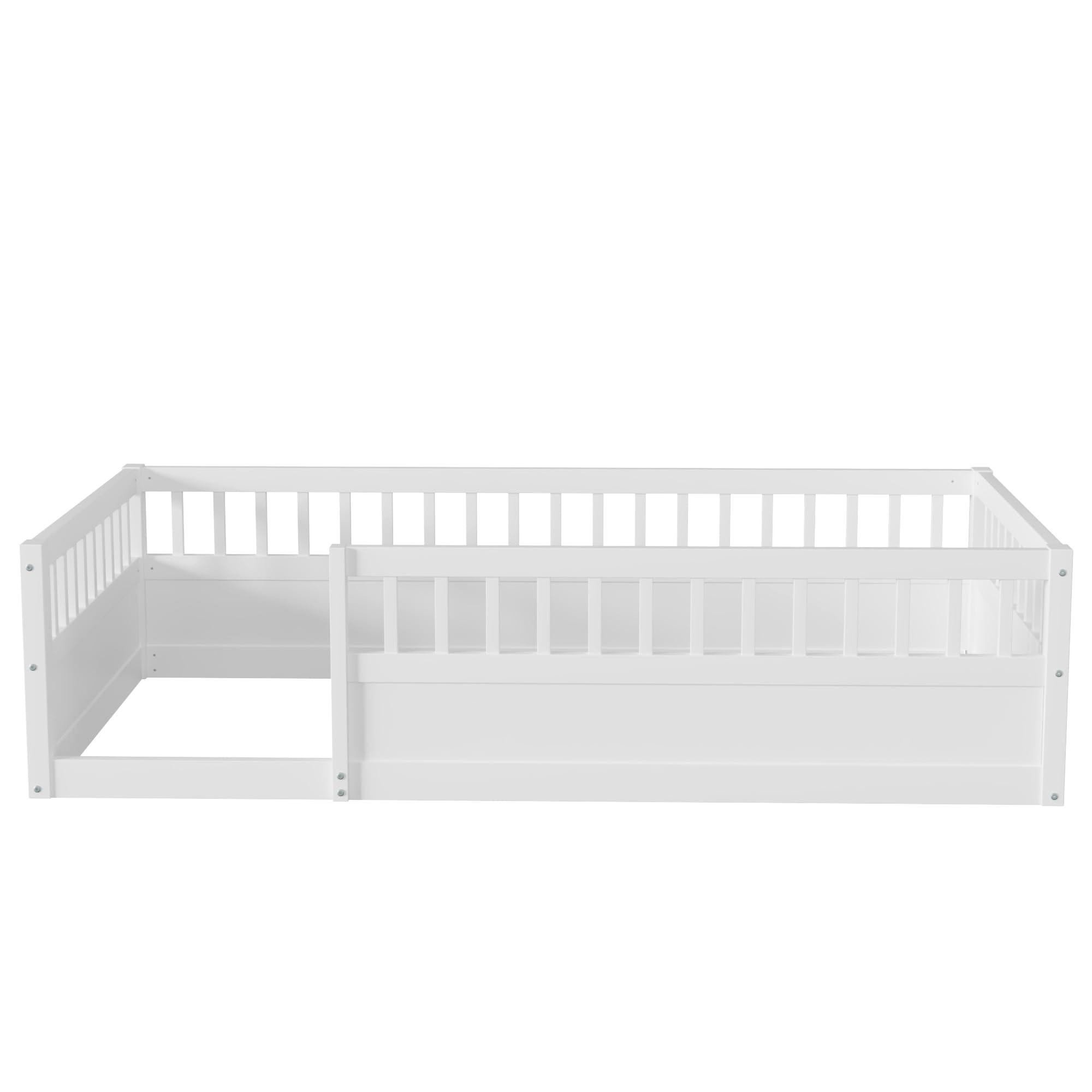 FUQIAOTEC Twin Size Kids Floor Bed Frame, Montessori Wood Floor Bed with Safety Guardrails and Slats for Bedroom Playroom, White Fence, 78" W x 41" D x 20" H