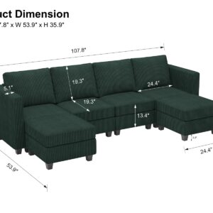 Belffin Modular U Shape Couch with Storage Ottoman Corduroy Sectional Couch with Chaise Convertible Modern Sectional Sofa Couch Dark Green