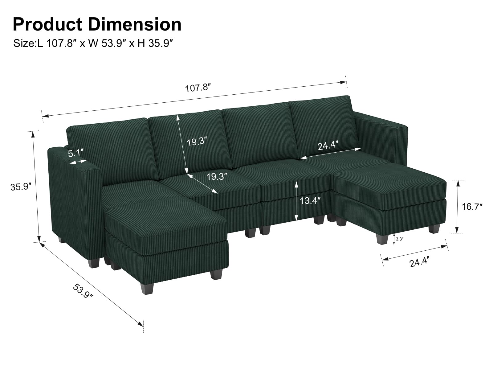 Belffin Modular U Shape Couch with Storage Ottoman Corduroy Sectional Couch with Chaise Convertible Modern Sectional Sofa Couch Dark Green