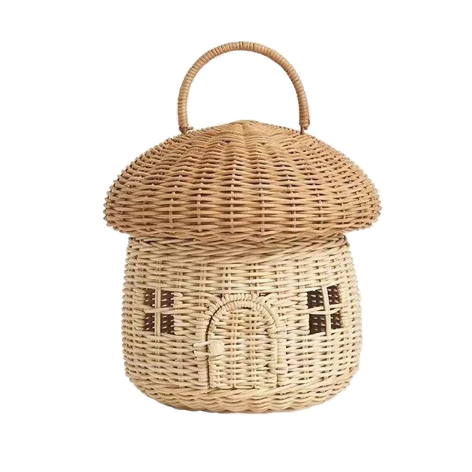 DADEA Mushroom Shape Rattan Storage Basket, Decorative Woven Purse with Lid, Wall Hanging Rattan Bag, Summer Bag, Mushroom Basket, Multiple Uses Rattan Purse for Photo Prop Room Decor(Mushroom)