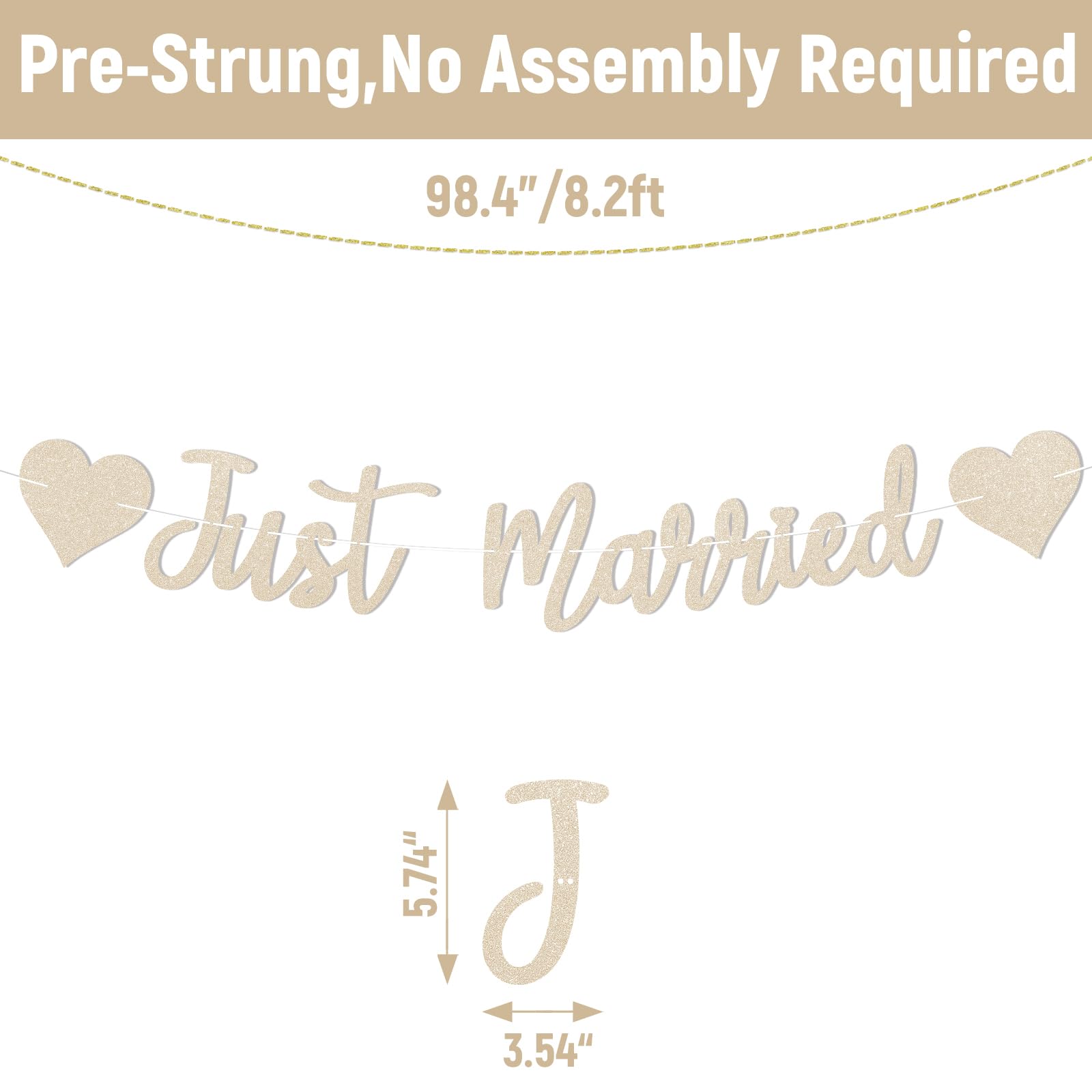 Just Married Banner - NO DIY - Wedding Party Decorations, Just Married Sign, Wedding Bridal Shower Party Decorations Champagne Gold Glitter