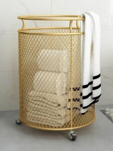 zyhyzlf metal laundry hamper with wheels, laundry basket, round mesh dirty clothes hamper, laundry basket storage for bathroom laundry room living room bedroom or balcony(gold)