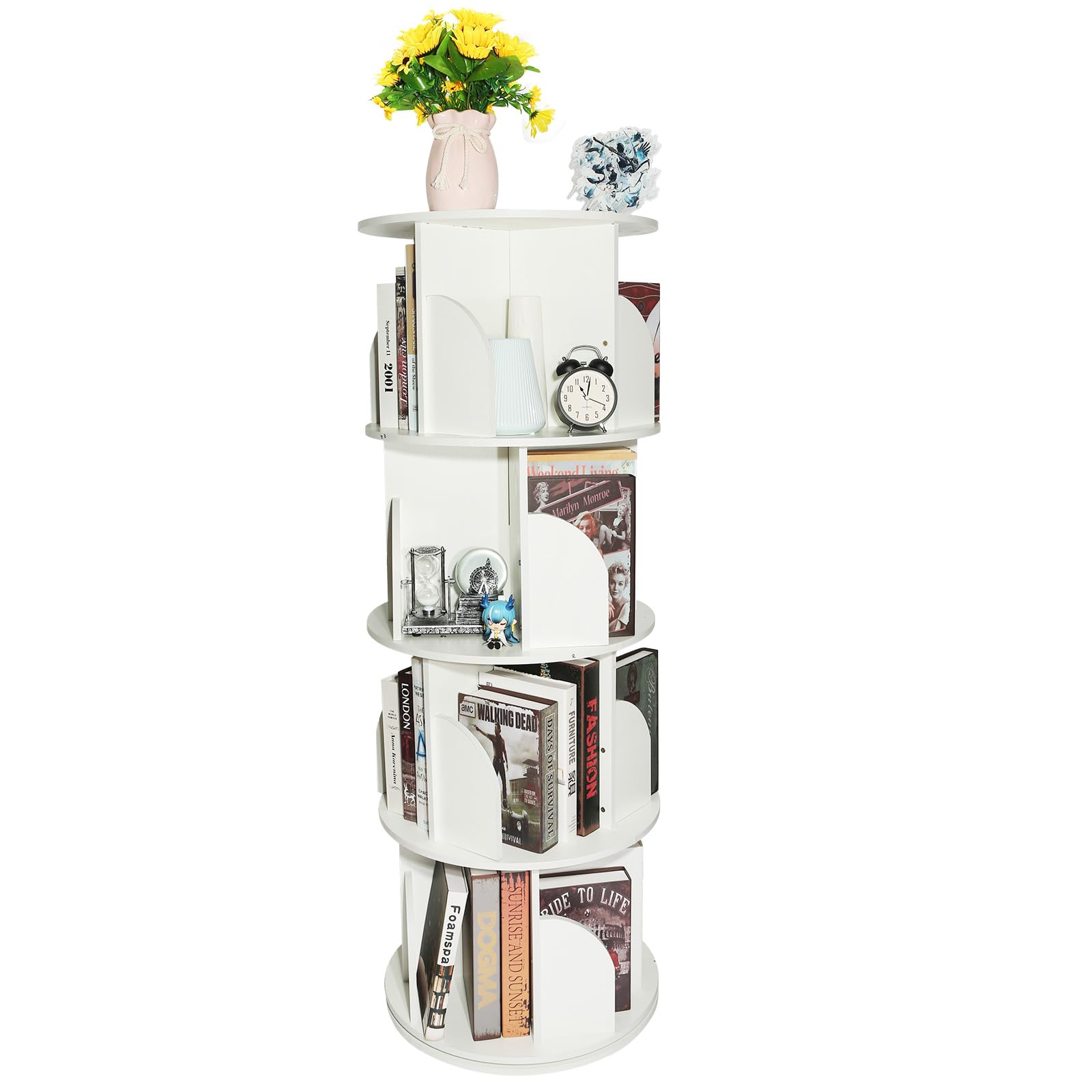 BEICNWOD Rotating Bookshelf,4 Tier 360° Revolving Bookcase,Small Corner Bookshelf for Small Space, Stackable Bookshelf Organizer, Display Cabinet for Office Home Living Room，White (White)