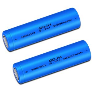 qojh 18650 rechargeable battery, 2pack 3.7v lithium ion battery 18650 3000mah for headlamp, led flashlight, solar lights, toy, mini fans etc (flat top)