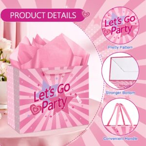 Hot Pink Gift Bag Lets Go Party Supplies Pink Wrapping Bag with Greeting Card and Tissue Paper Bachelorette Party Decorations for Girls Princess Bridal Shower Christmas Birthday Party Supplies