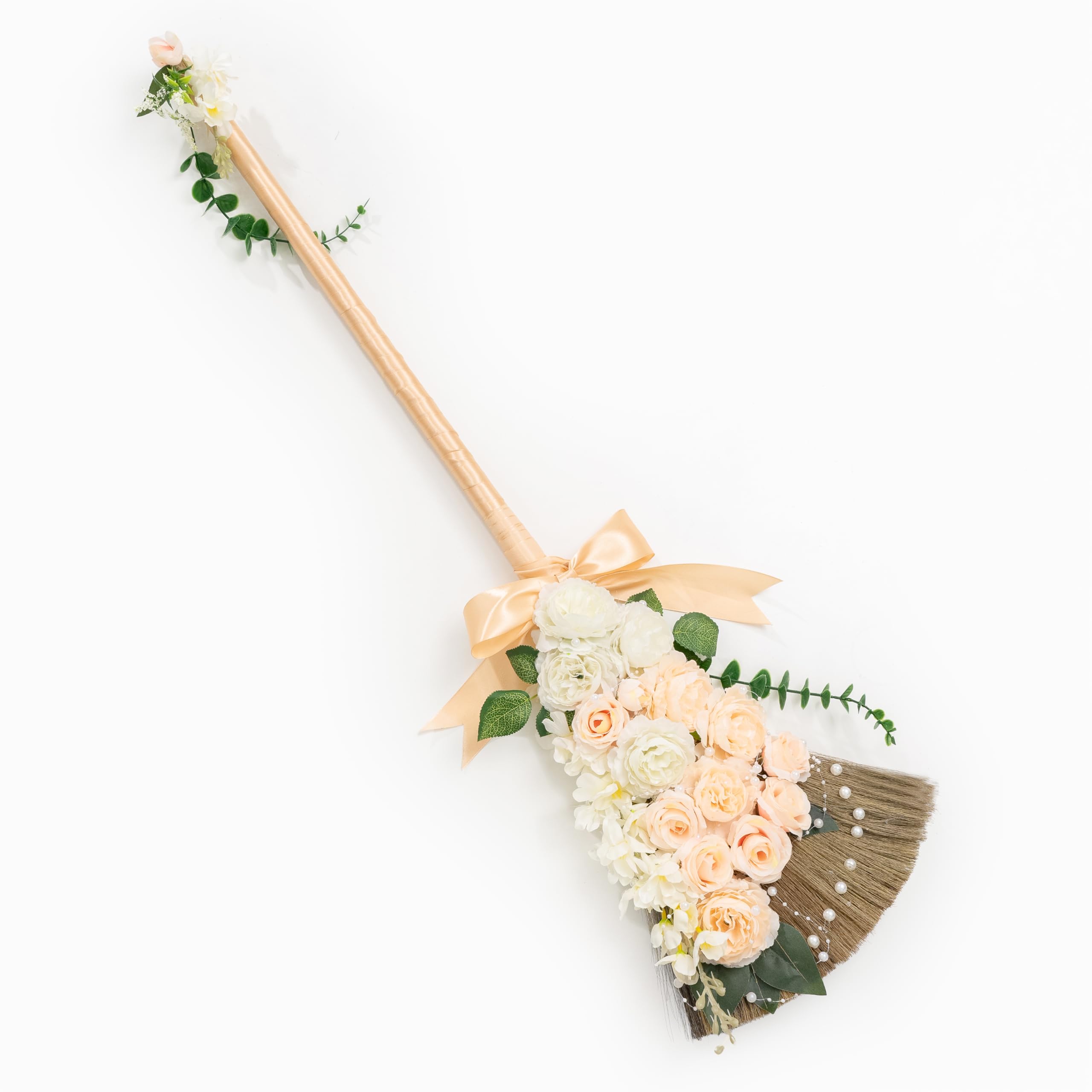 TTS For Home - Wedding Brooms Bride Bridegroom, Jumping The Broom for Wedding, Natural Whisk Broom with Ribbons, Artificial Pearl, Leaves,Roses for Decorative Wedding