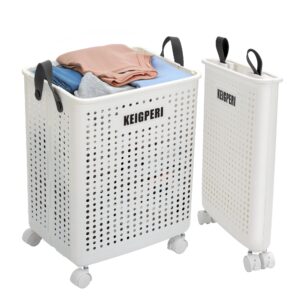 keigpericollapsible laundry baskets,laundry basket with wheels,foldable laundry basket,with wheels and handles, it is easy to move and can be folded to save space. (white, large)