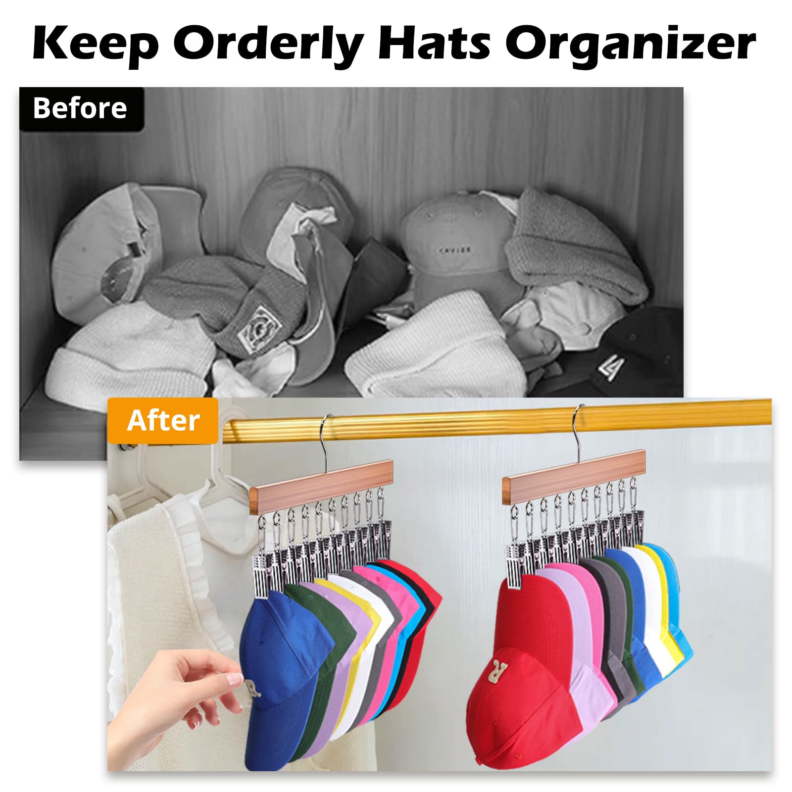 HzTinT Hat Organizer for Baseball Caps, Hat Hanger for Wall & Closet, 360° Swivel, 2 Pack Hat Rack with 10 Traceless Clips for Hat Storage, Fits All Caps & Belts, for Men and Women Gift