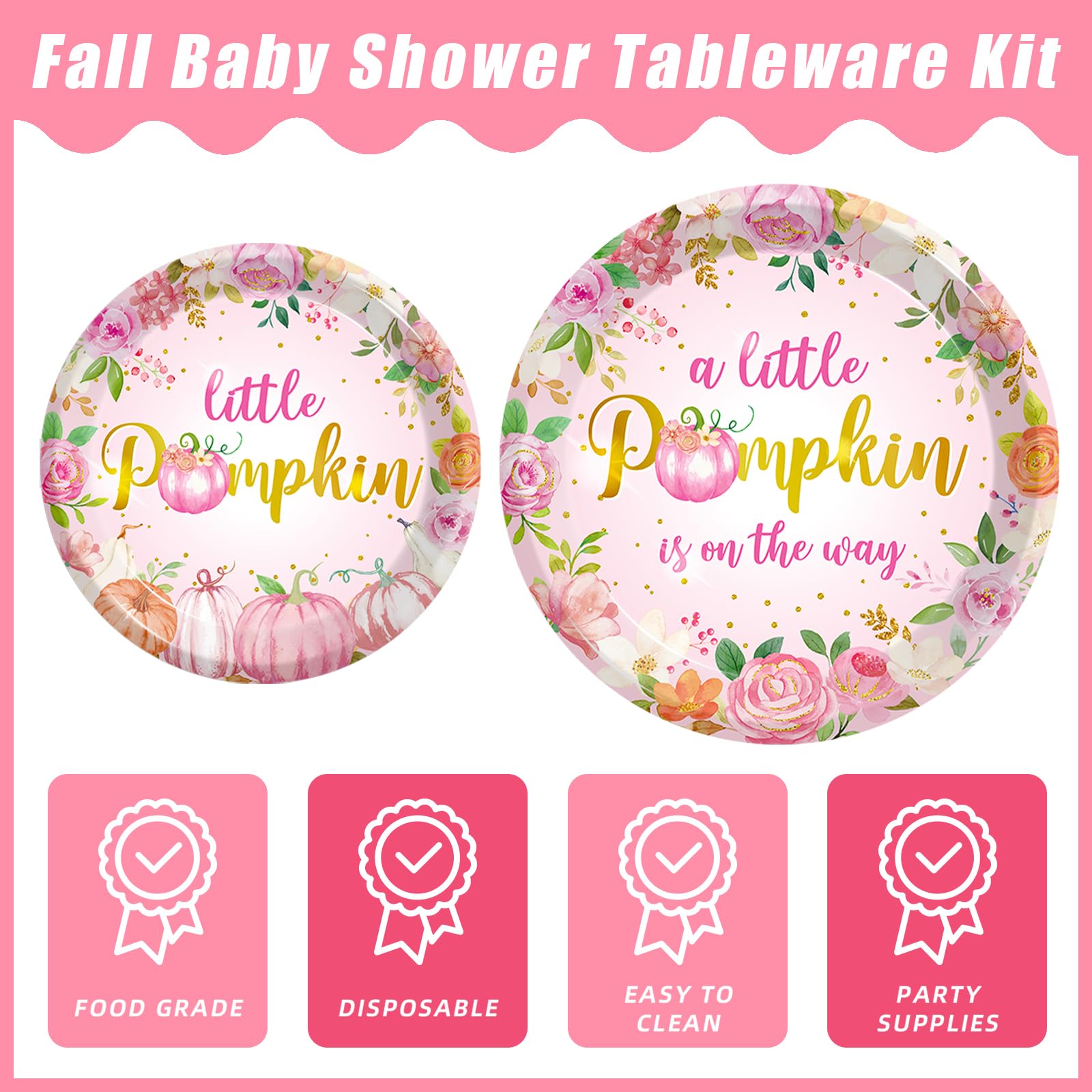 Kepeel 96Pcs Fall Little Pumpkin Baby Shower Plates and Napkins, Autumn A Little Pumpkin is on The Way Party Supplies Decorations Thanksgiving Girl Pink Floral Baby Shower Tableware Kit, Serves 24