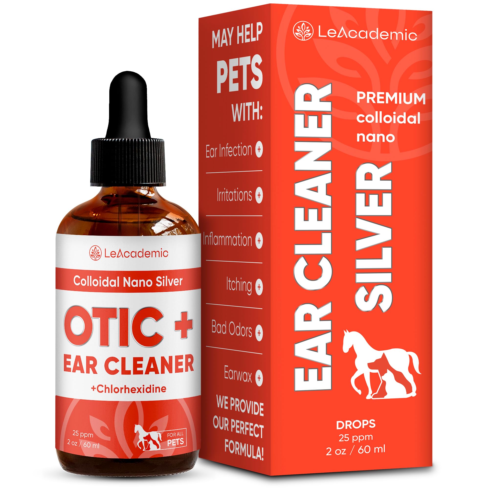 LeAcademic Dog Ear Infection Treatment | for Cat & Dog Ear Infection, Itching, Wounds | Colloidal Silver + Chlorhexidine | Ear Infection Treatment for Dogs, Pets | OTIC+ Ear Cleaner Drops | 2 Oz