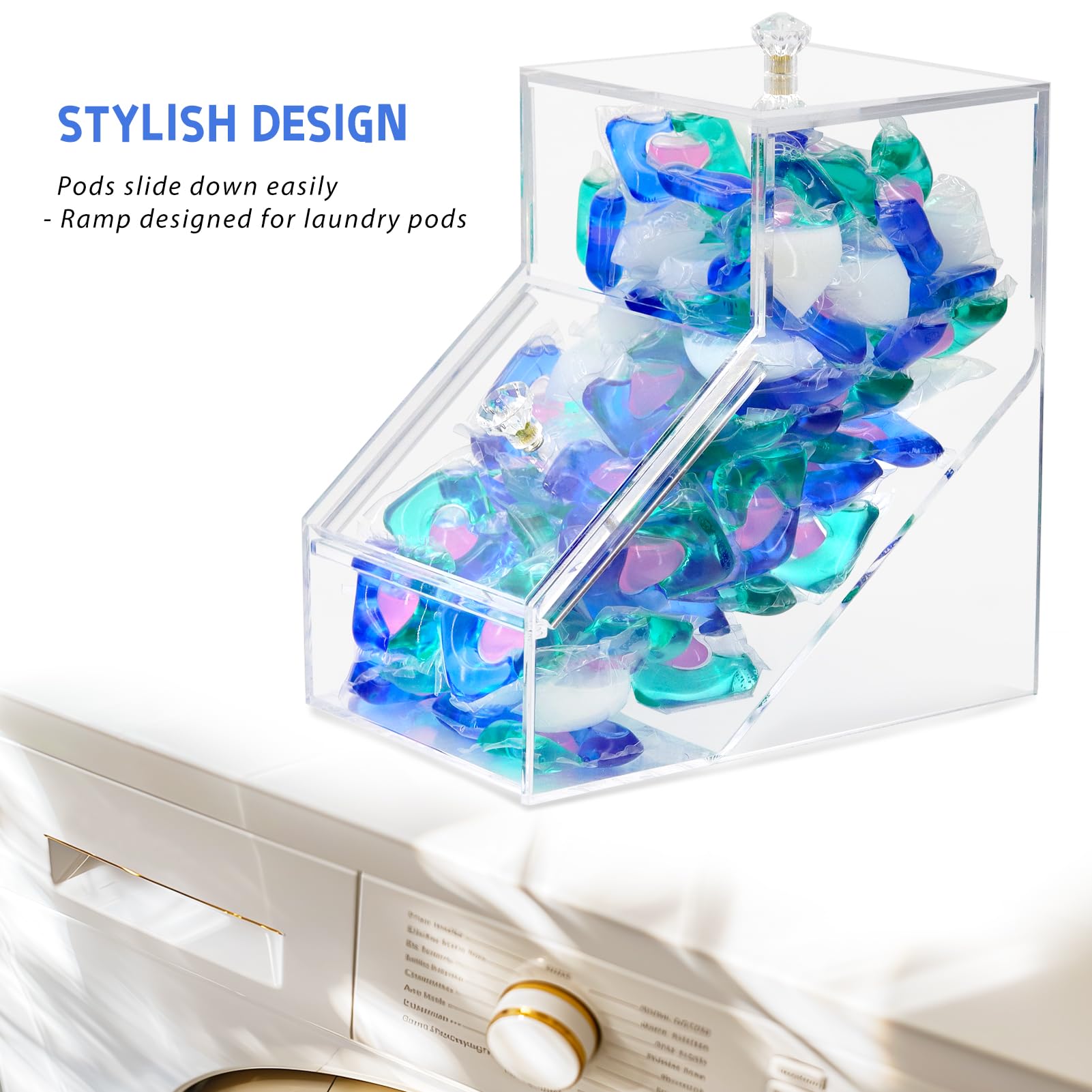 Famaster Laundry Pods Container, Acrylic Candy Dispenser, Clear Dishwasher Pods Container, Pod Slide Down Easily, Cute Laundry Pod Holder for Laundry Room Organization, Storage, Decor and Accessories