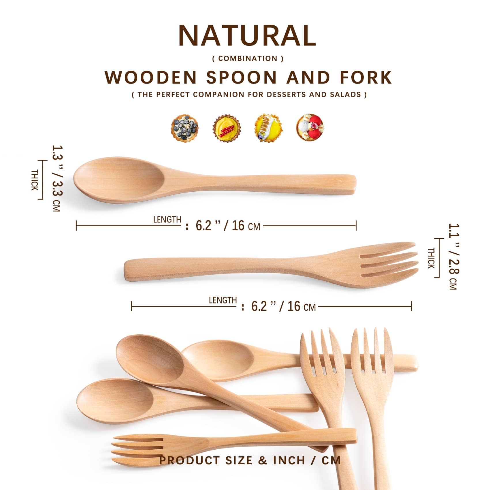 Hefild 2pcs 6.3inch Schima Wooden Utensil Set Including Wooden Spoons and Wooden Forks, Reusable Handmade Natural Wooden Cutlery, Sustainable Responsible Wood Flatware Set for Stirring Eating＆Camping