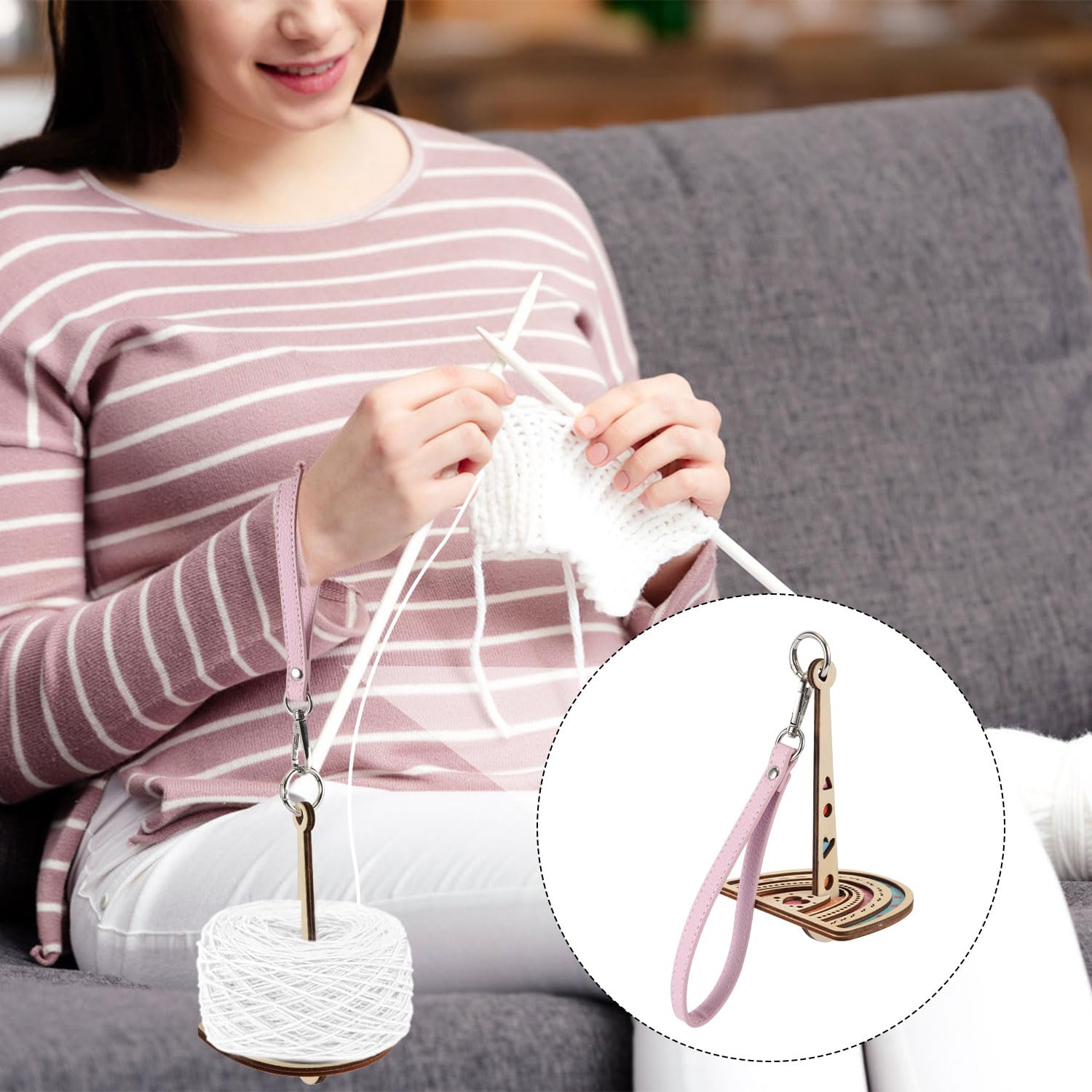 Wrist Yarn Holder, Portable Yarn Holder with Wrist Strap Stand Leather Wristband Yarn Dispenser Yarn Ball Minder Storage Wood Yarn Spinner Knitting Crocheting Supplies Gift for Craft Lovers