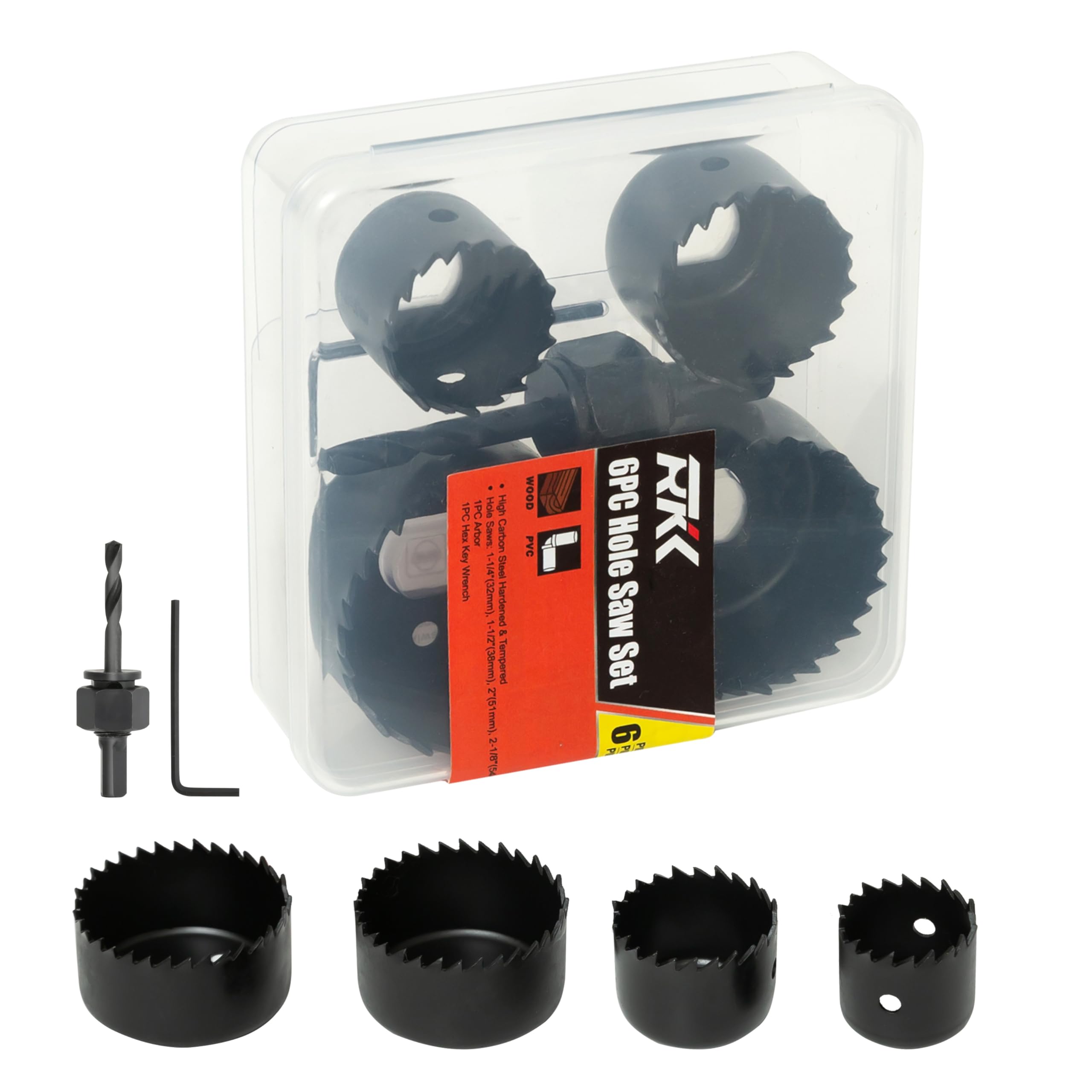 RKK 6PCS Hole Saw Kit, Carbon Steel Material 1-1/4" to 2-1/8"(32-54mm) Hole Saw Set for Soft Wood, PVC Board, Plywood (6PC)