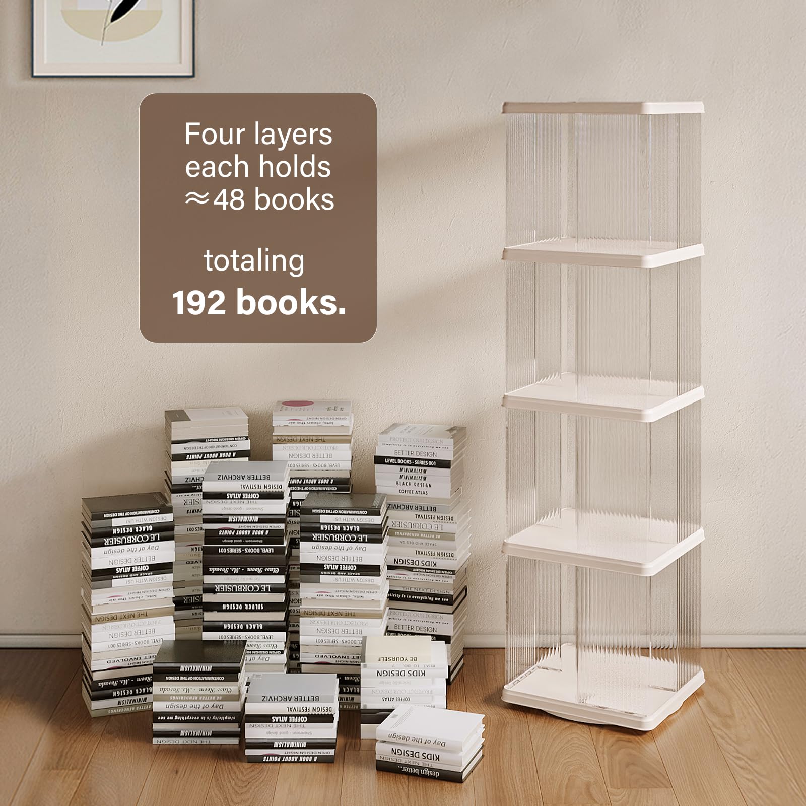 SYNCVIBE Rotating Bookshelf, Small Corner Bookshelf for Small Space, 360 Display 4 Tier Floor Standing Bookcase, Plastic Narrow Book Shelf Organizer for Bedroom, Living Room, Rectangular, White